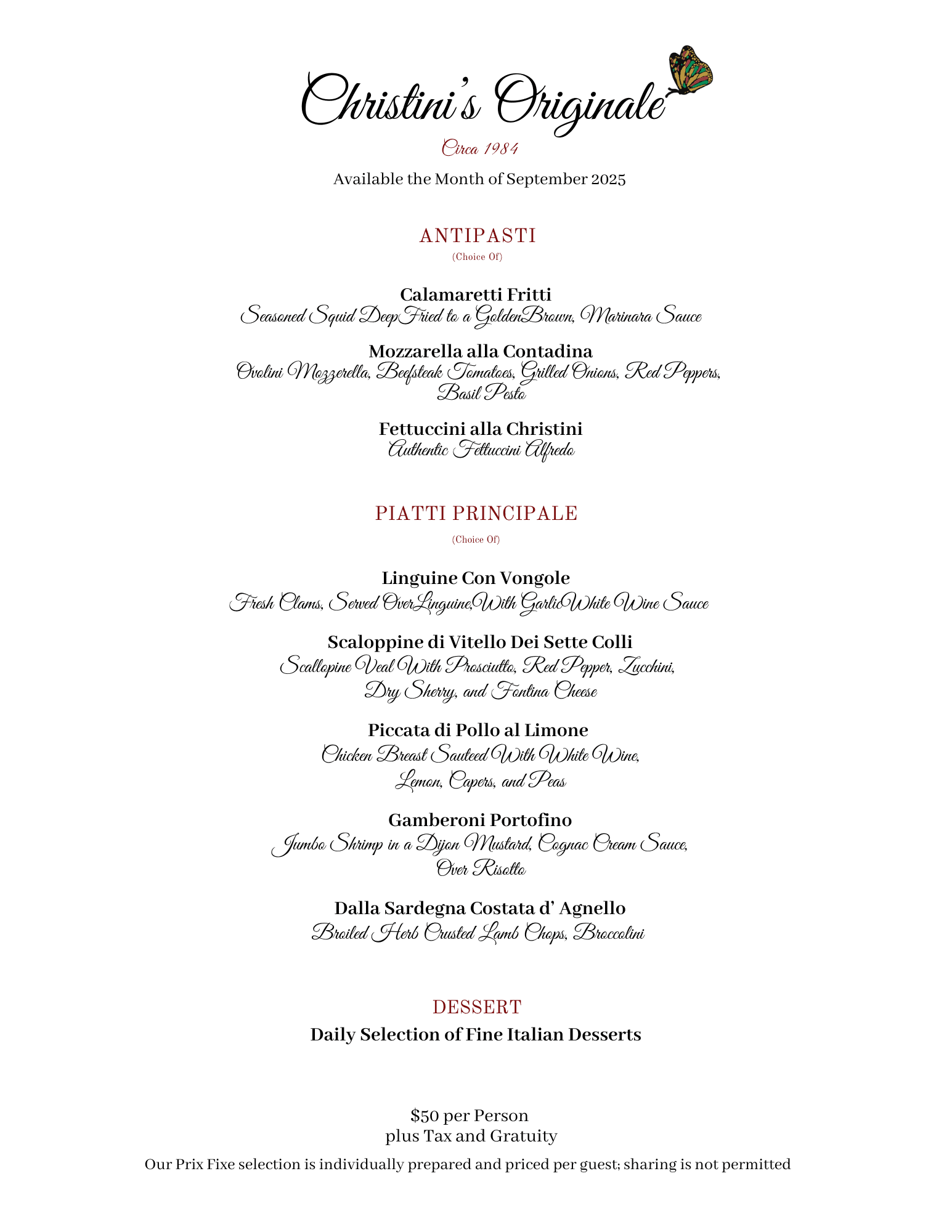 Christini's Originale September Menu - Christini's Ristorante Italiano